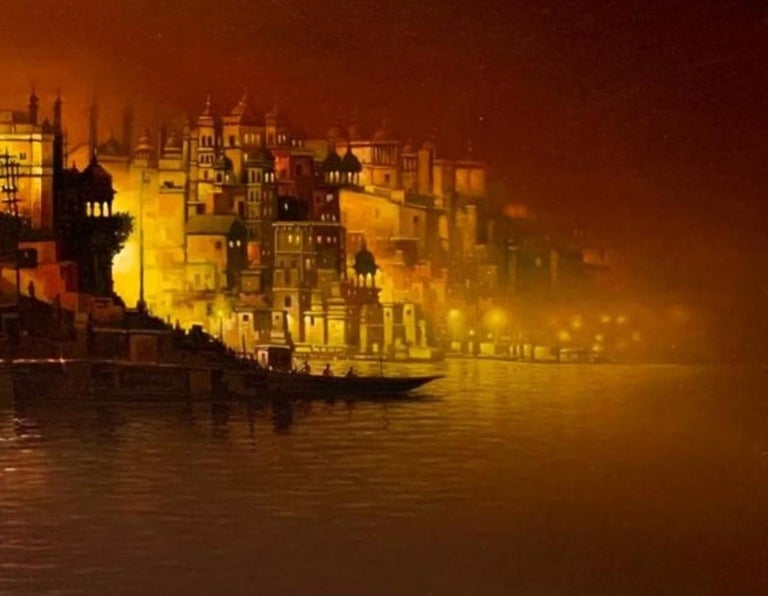 Amit Bhar - Banaras Ghat Night, Oil on Canvas by Contemporary Artist ...