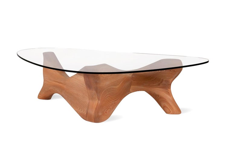 Amorph Zen Modern Coffee Table in Solid Wood with Honey Stain and Glass ...