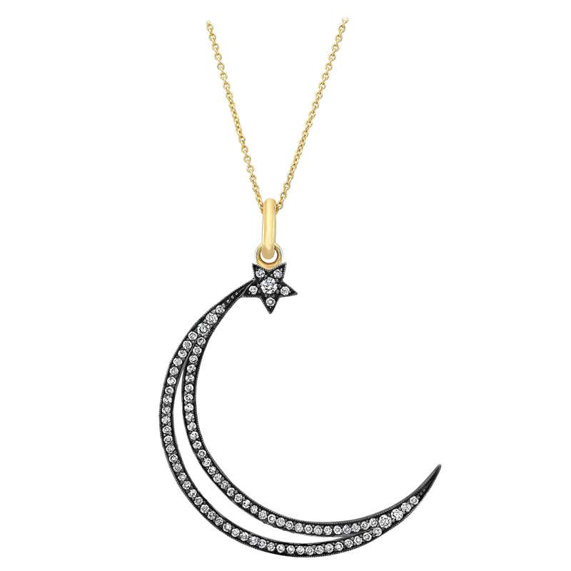 18 Karat Gold Diamond And Enamel Crescent Moon And Pendant Necklace