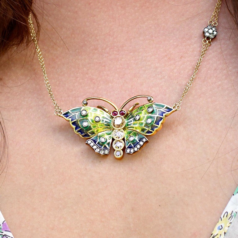18 Karat Gold, Diamond, Ruby and Enamel Mosaic Butterfly Pendant ...