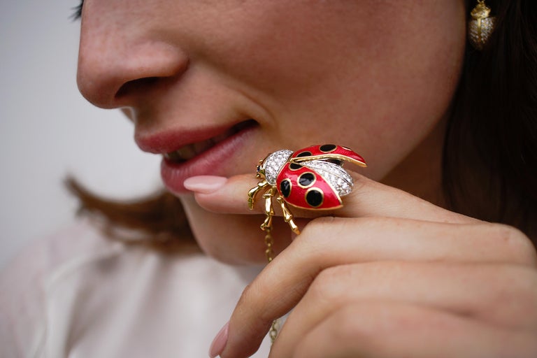 18 Karat Gold, Diamond, Sapphire and Enamel Ladybug Pendant Necklace ...