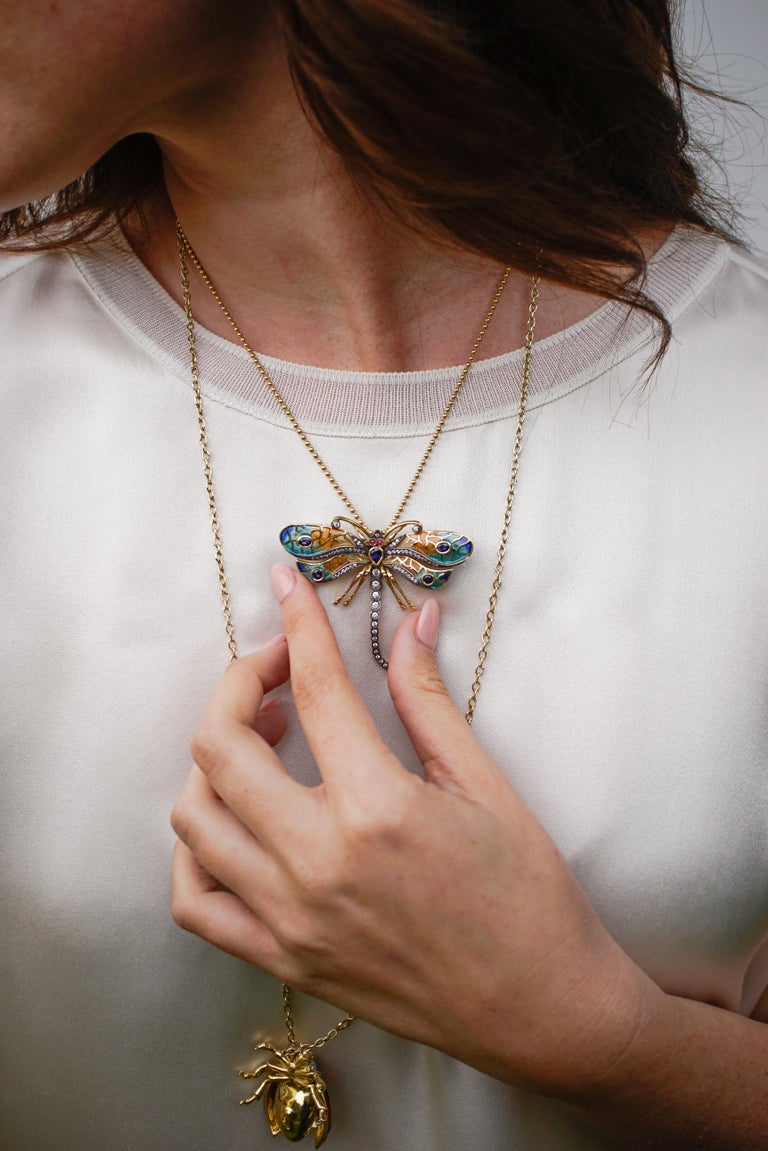18 Karat Gold, Diamond, Sapphire and Ruby Mosaic Dragonfly Pendant or ...