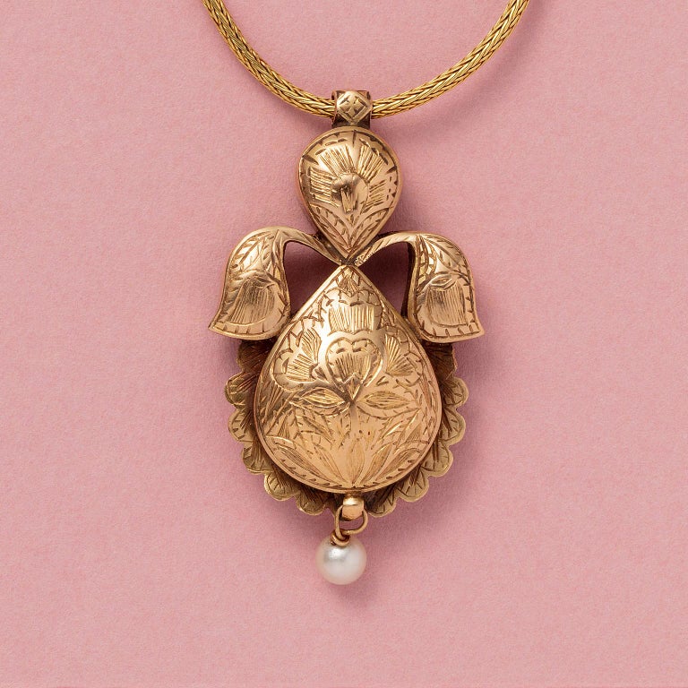 18 Carat Gold Padak Pendant with Garnet, Pearl and Diamond For Sale at ...