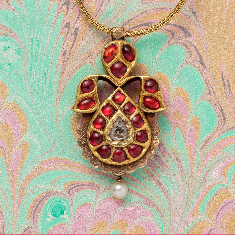 18 Carat Gold Padak Pendant with Garnet, Pearl and Diamond For Sale at ...