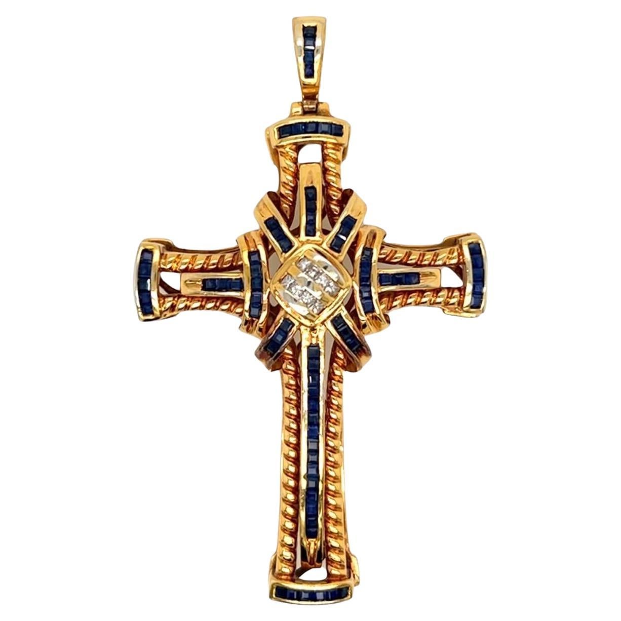 Yellow Gold Alex Sepkus Diamond, Sapphire Cross Pendant at 1stDibs