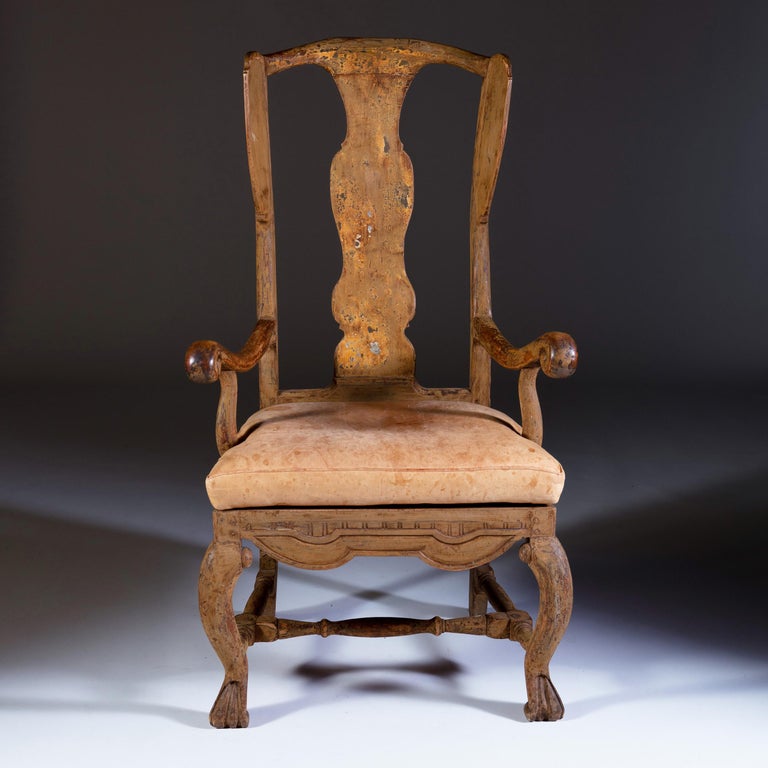 18th Century Painted Swedish Armchair with Tan Leather Squab Cushion at ...