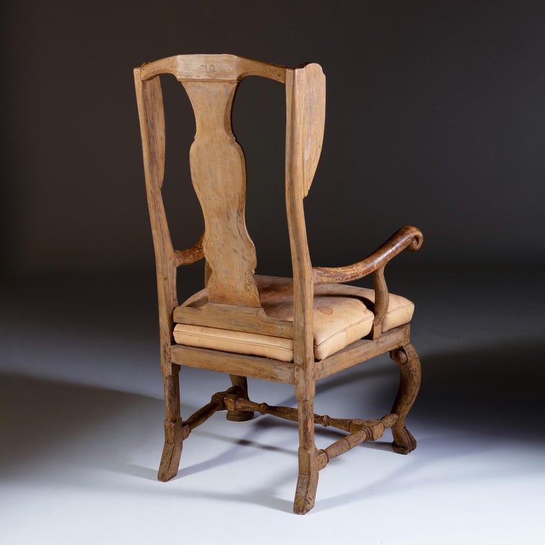 18th Century Painted Swedish Armchair with Tan Leather Squab Cushion at ...