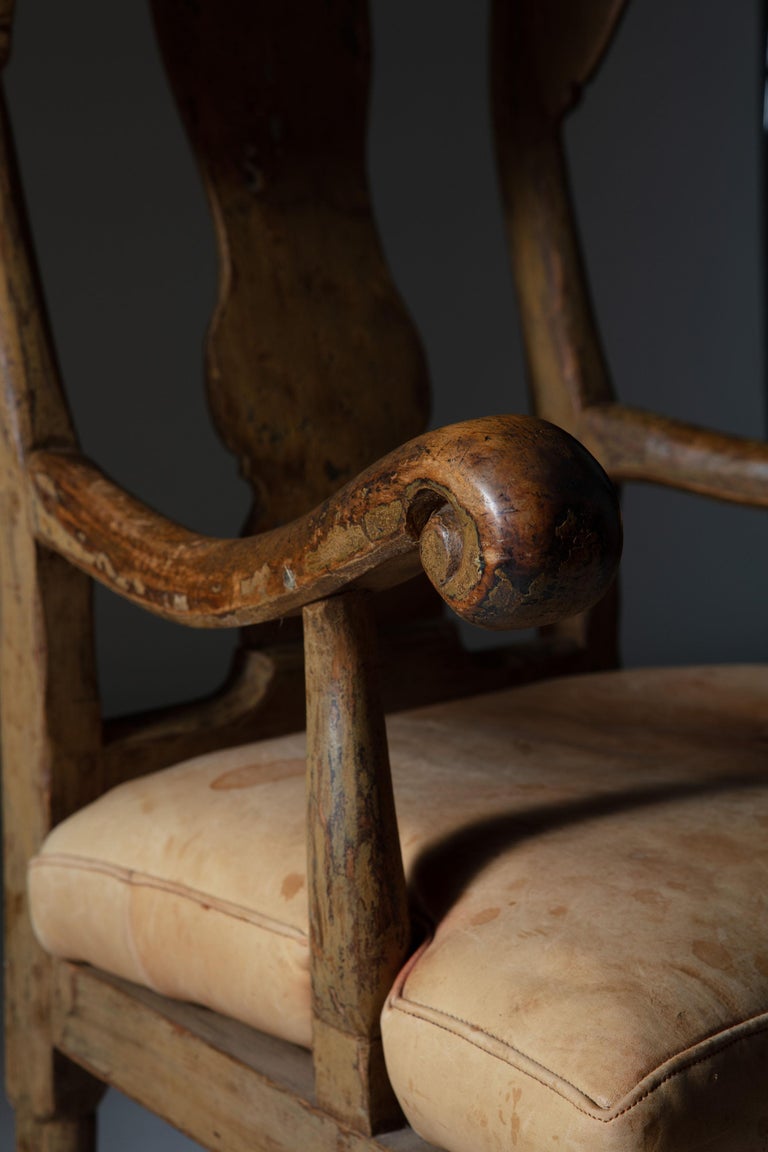 18th Century Painted Swedish Armchair with Tan Leather Squab Cushion at ...