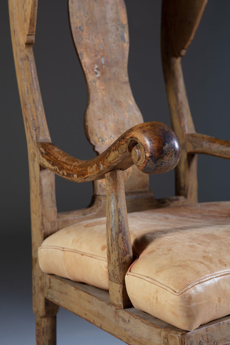 18th Century Painted Swedish Armchair with Tan Leather Squab Cushion at ...