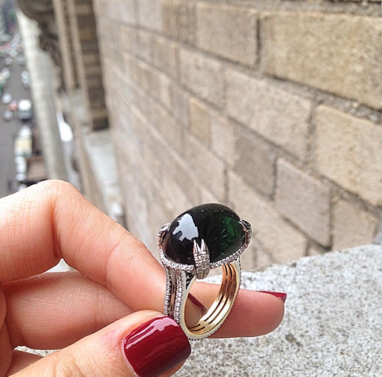 Alexandra Mor Oval Cabochon Green-Tourmaline Diamond Ring For Sale at ...