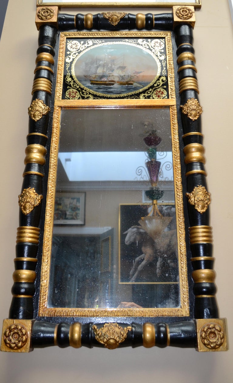American Federal Period Ebonized Mirror with an Eglomisé Naval Battle ...