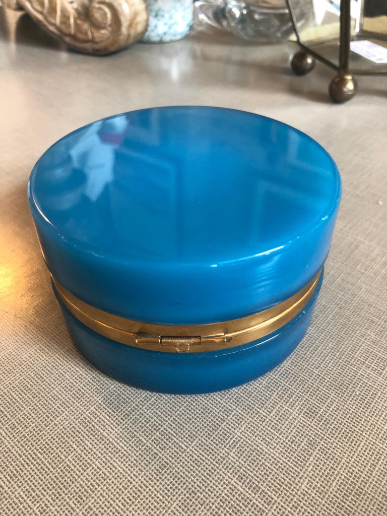 Antique French Blue Round Opaline Glass Box at 1stDibs