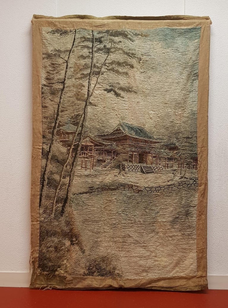 Antique Japanese Woven Wall Tapestry Rug Painting of Pagoda on Lake ...