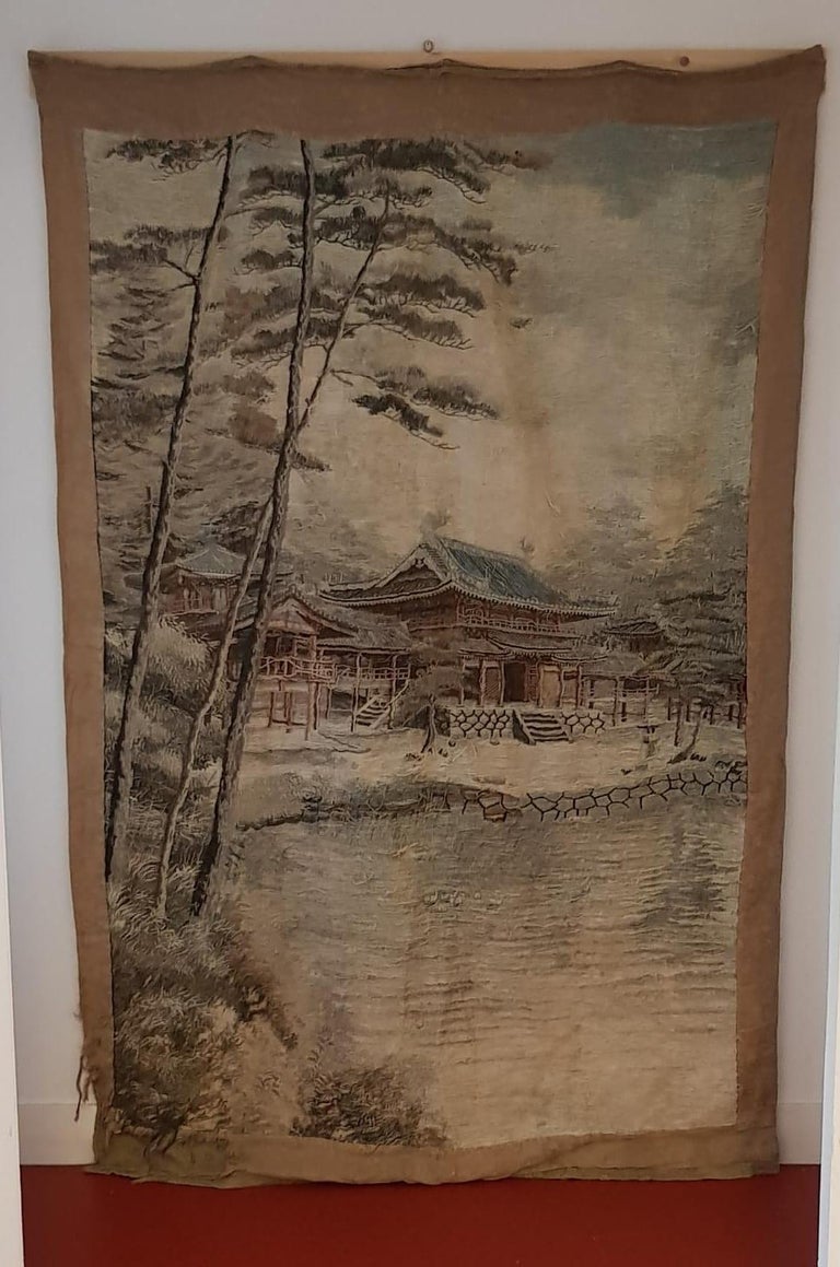 Antique Japanese Woven Wall Tapestry Rug Painting of Pagoda on Lake ...