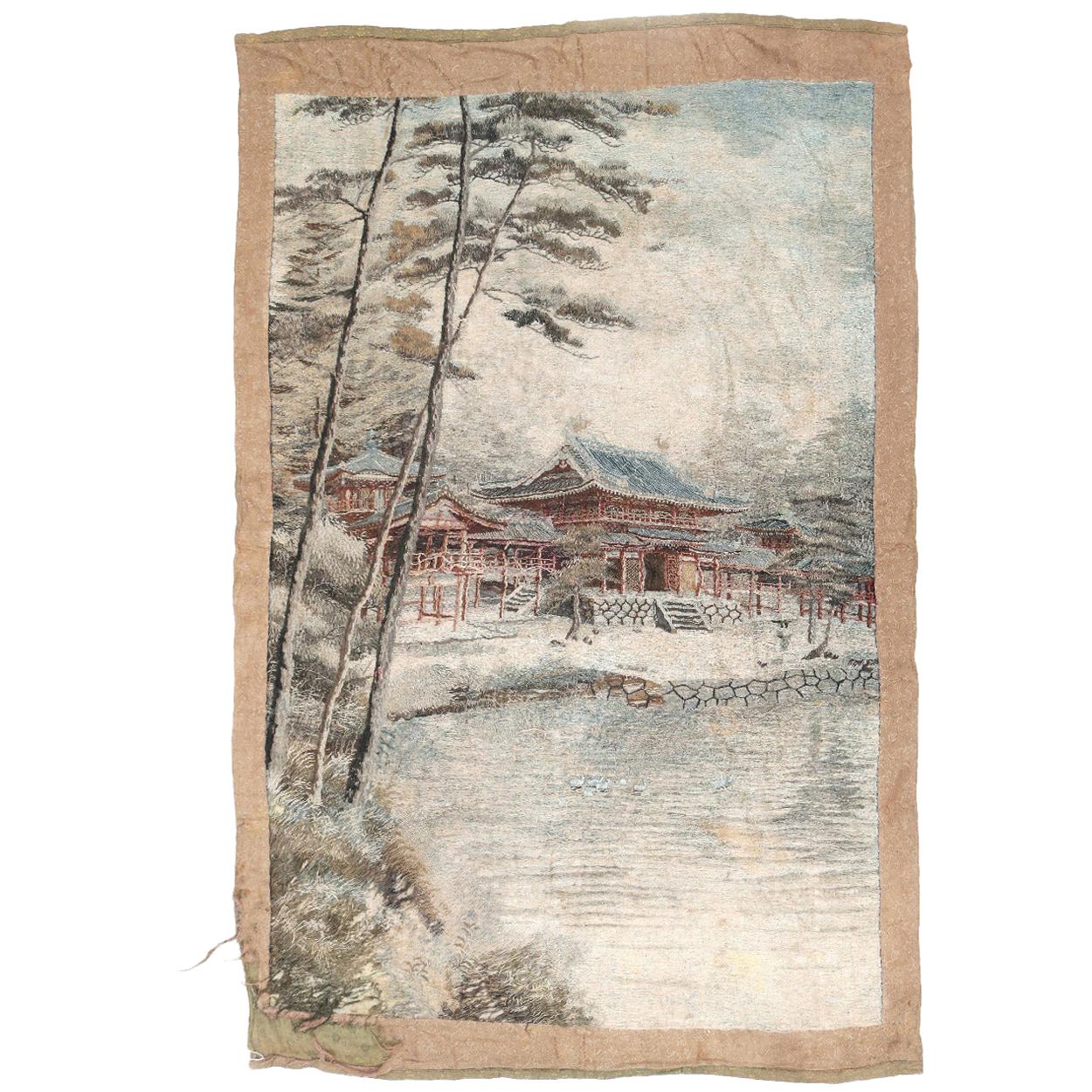 Antique Japanese Woven Wall Tapestry Rug Painting of Pagoda on Lake ...