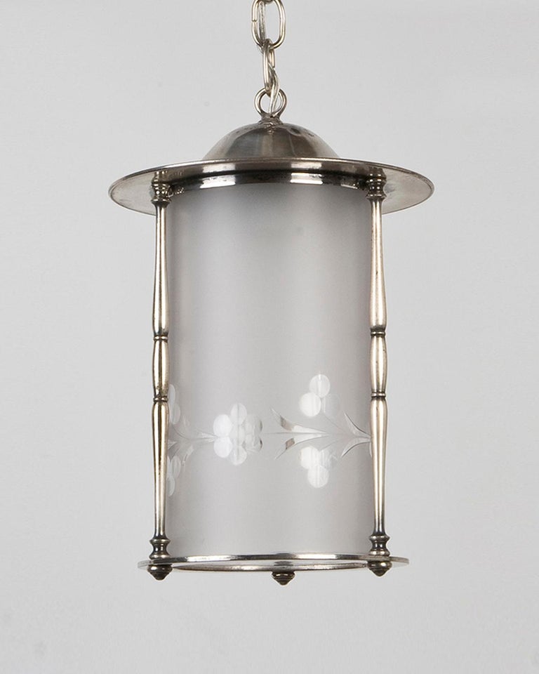 Silver Plate Lantern with Frosted Glass Cylinder with Wheel Cut Foliate ...