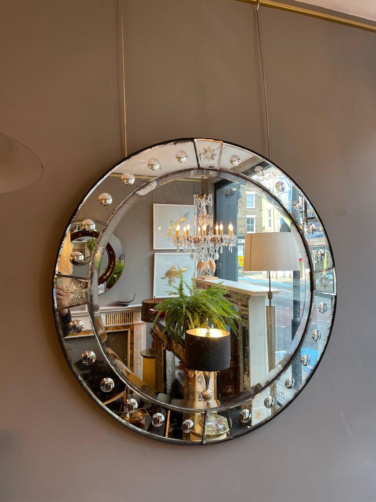 Antique Style Circular Distressed Panelled Mirror For Sale at 1stDibs