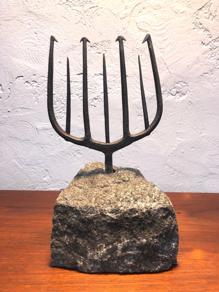 Antique Wrought Iron Eel Fork Mounted on to Basalt Rock For Sale at 1stDibs