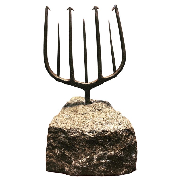 Antique Wrought Iron Eel Fork Mounted on to Basalt Rock For Sale at 1stDibs