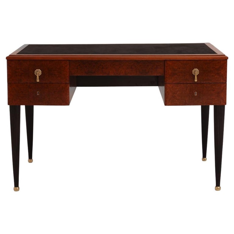 Art Deco Burlwood Desk with Fluted Legs and Brass Details For Sale at ...
