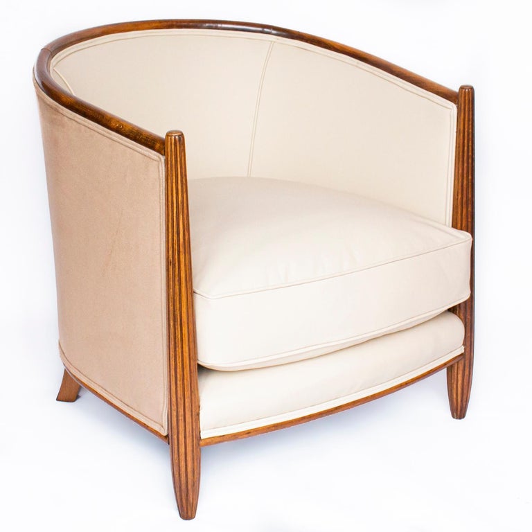 Art Deco Tub Chair in Beechwood and Reupholstered Cream Suede and ...