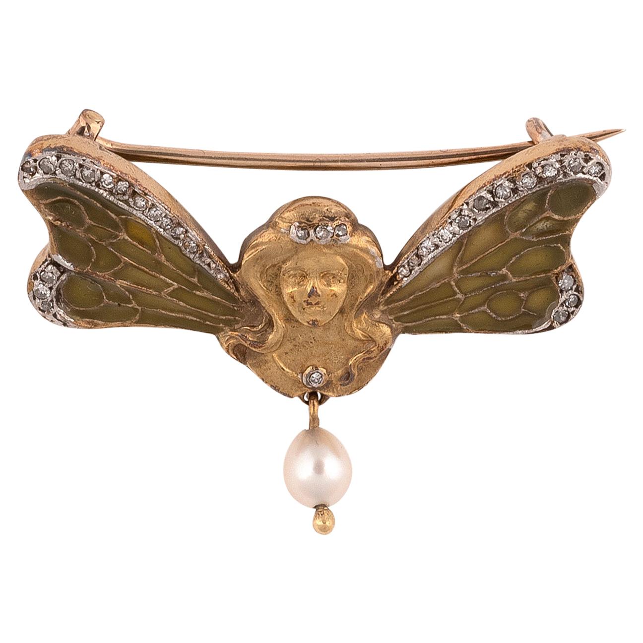 An Art Nouveau Enamel and Diamond Dragonfly Brooch. at 1stDibs