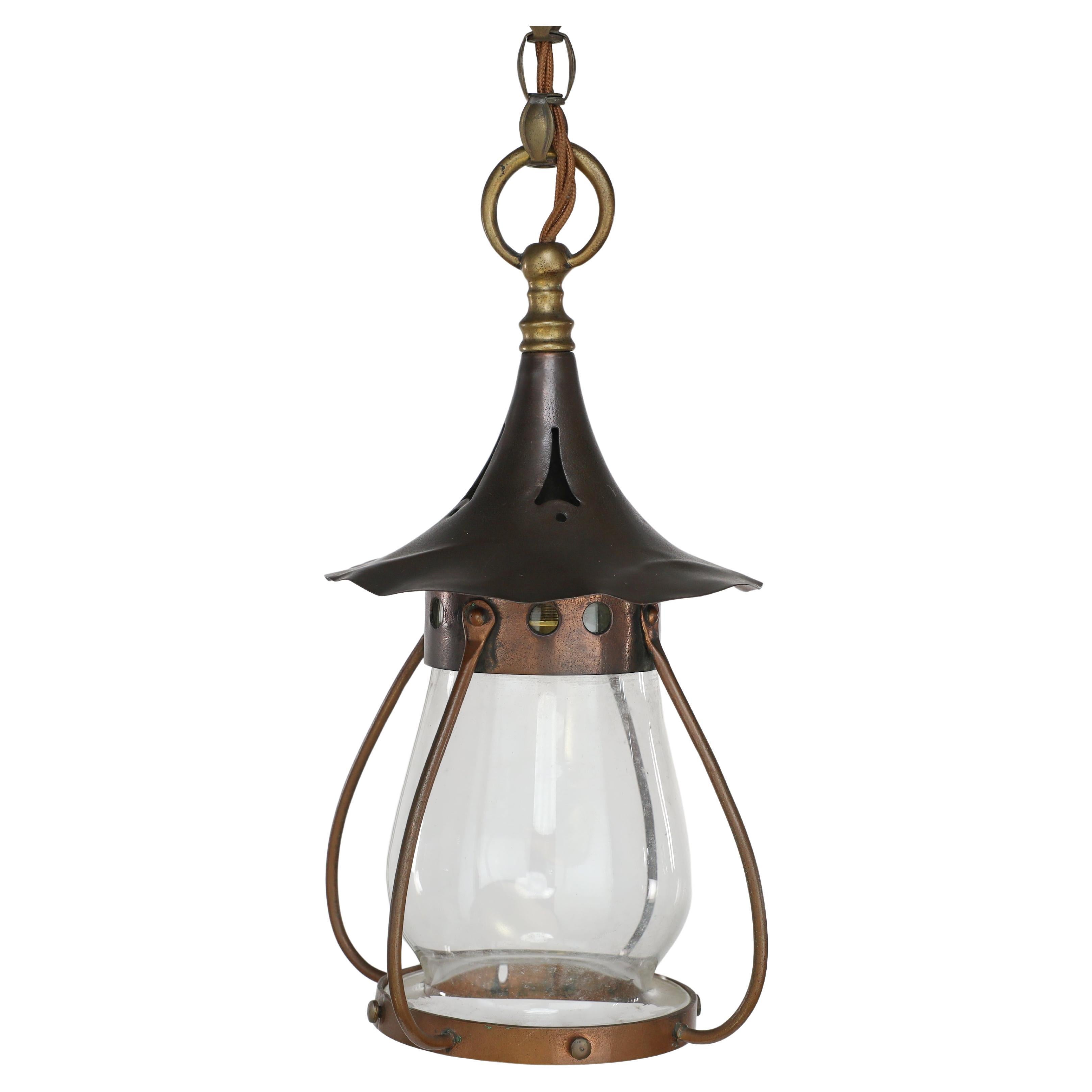 An Arts and Crafts little copper lantern with the original opaque shade ...