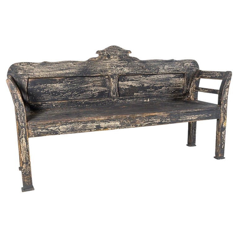 Early European Settle Farmhouse Bench in Old Rustic Black Grey Paint ...