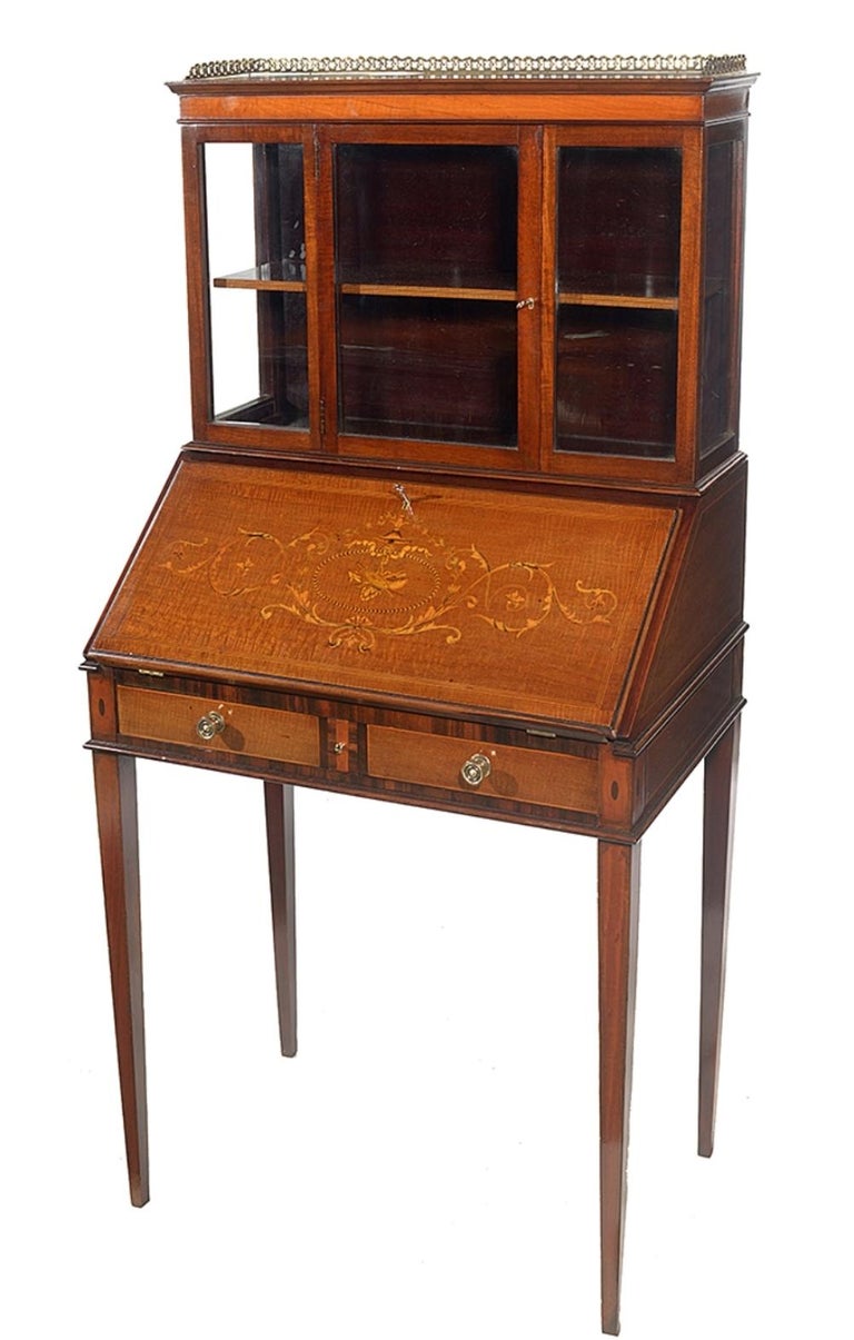 Edwardian Mahogany and Satinwood Inlaid Bureau with a Glazed Top For ...