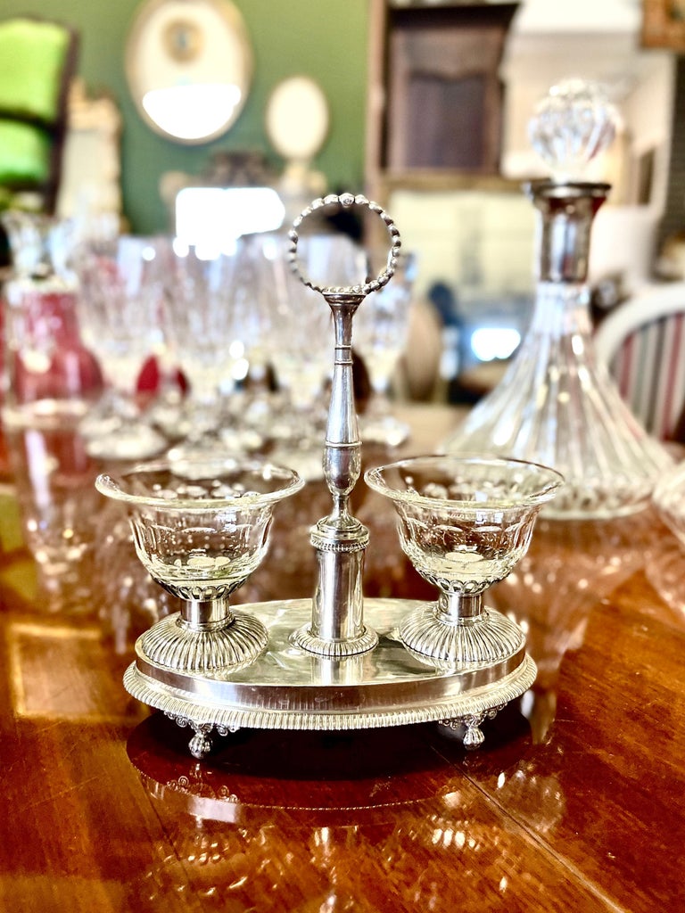 Elegant Double Salt Cellar in Silver and Cut Crystal For Sale at 1stDibs