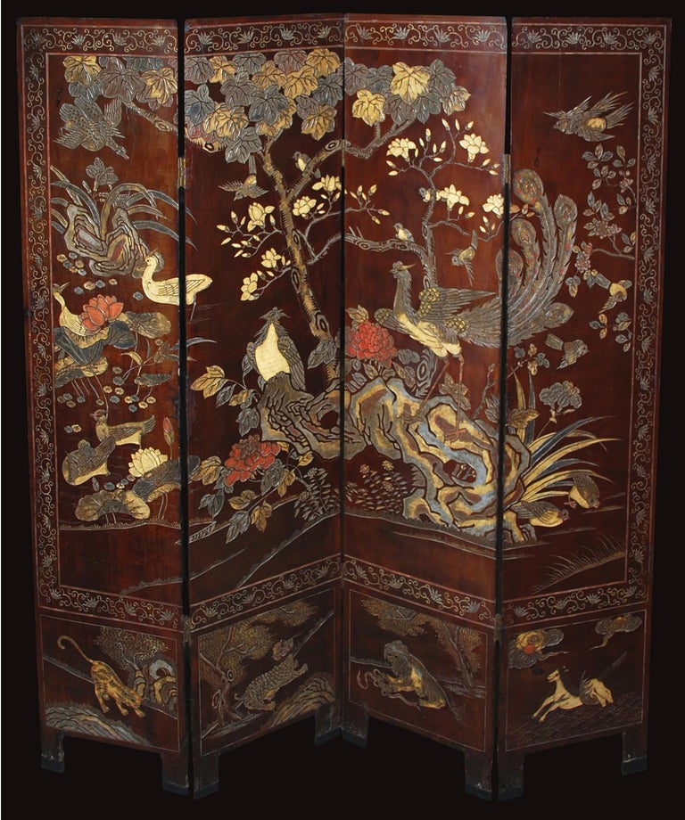Elegant Four-Panel Antique Chinese Double-Sided Coromandel Screen at ...