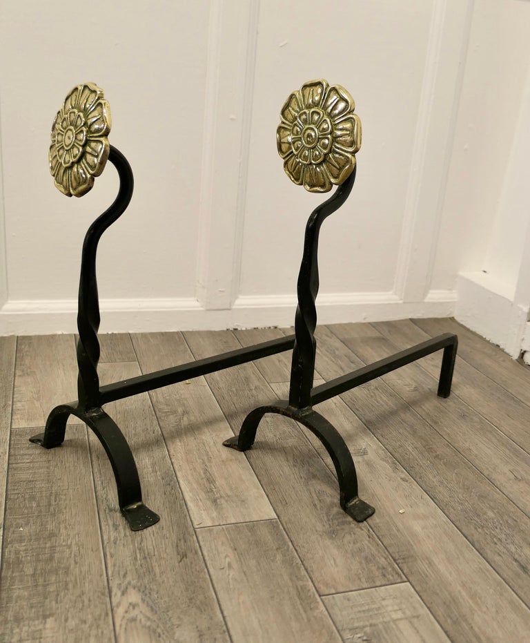 Elegant Pair of Tudor Rose Brass and Iron Andirons or Fire Dogs For ...