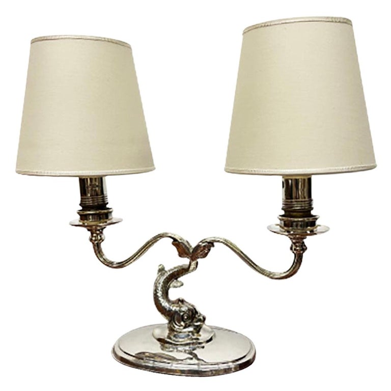English Sterling Silver Dolphin 2 Arms Table Lamp For Sale at 1stDibs