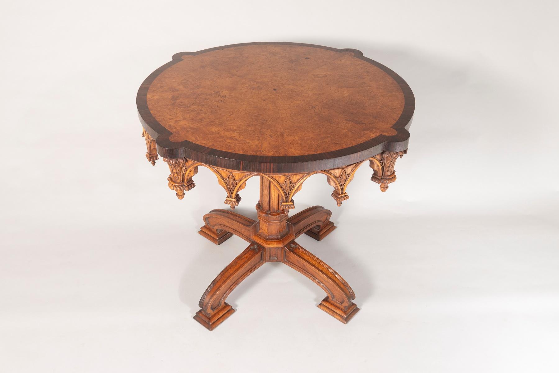 An Exceptional Arthur Brett Gothic Revival Burr Oak Inlay Carved Centre ...