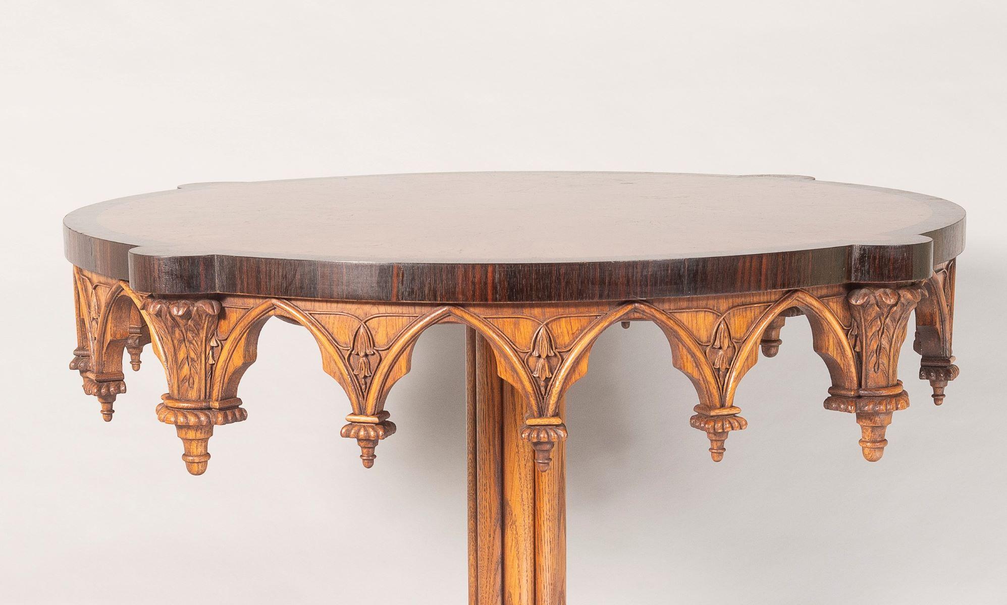 An Exceptional Arthur Brett Gothic Revival Burr Oak Inlay Carved Centre ...