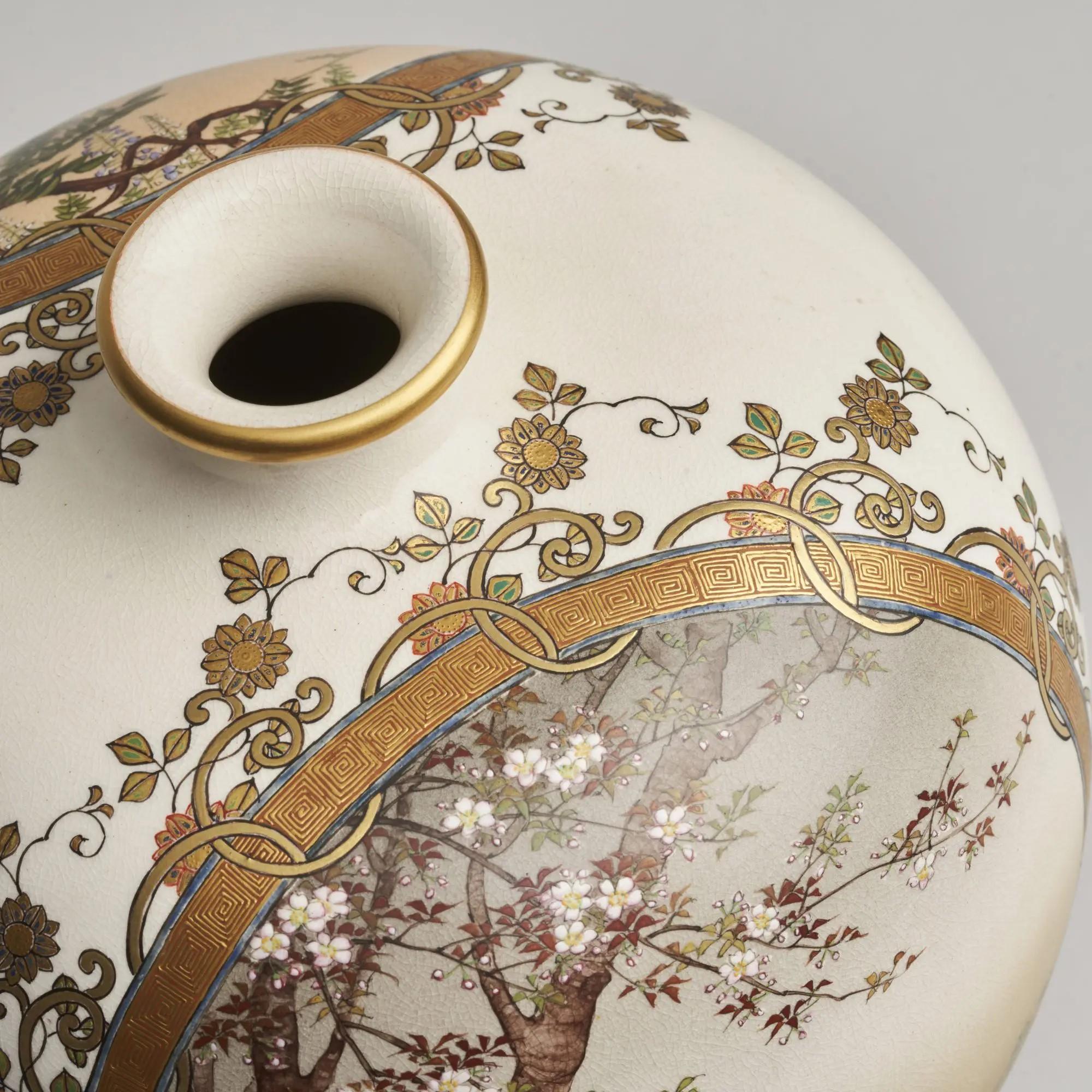 An exquisite Japanese Satsuma ware vase depicting pheasants and song ...