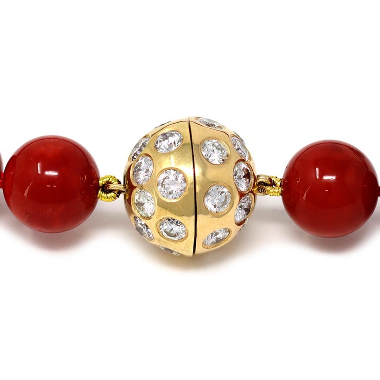 Important Deep Red Coral Necklace with 18 Karat Yellow Gold Diamond ...
