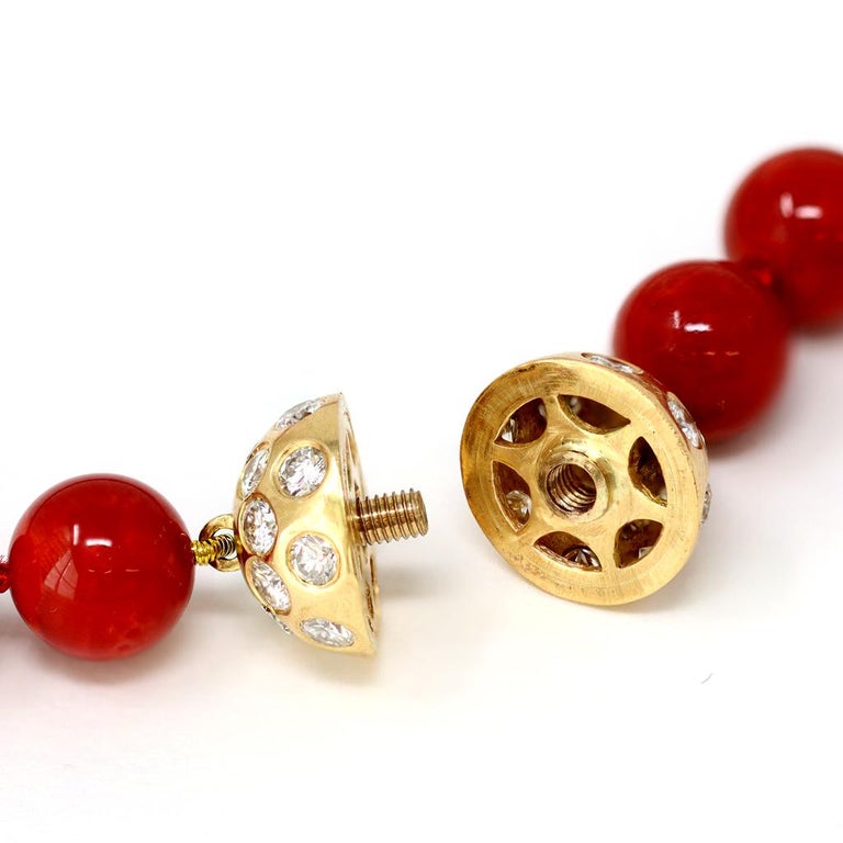 Important Deep Red Coral Necklace with 18 Karat Yellow Gold Diamond ...