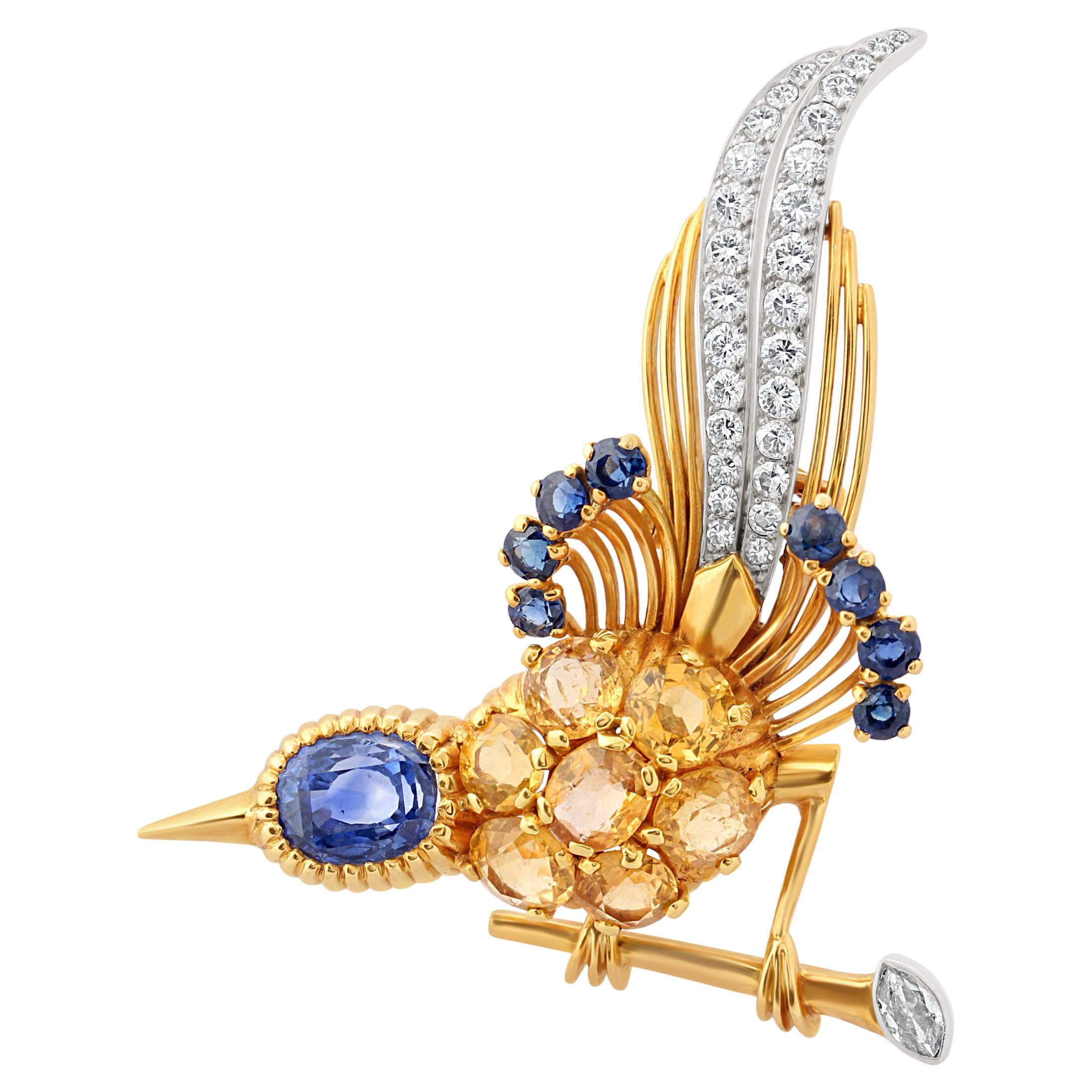 Cartier Diamond Sapphire Yellow Gold Platinum Bird Brooch For Sale at ...