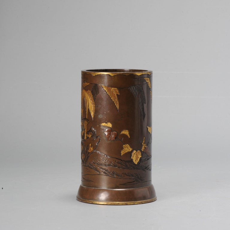Inlaid Shibuichi Bitong / Vase in Lovely Shape, Landscape, Meiji 19th C ...