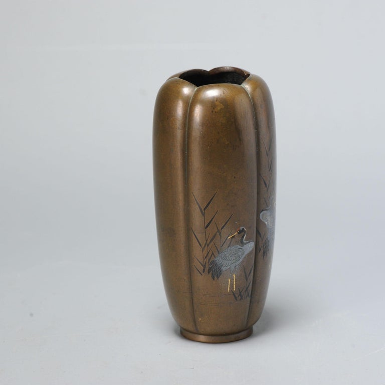 Inlaid Shibuichi Vase in Flower Shape Cranes, Meiji '1868-1912' Era ...