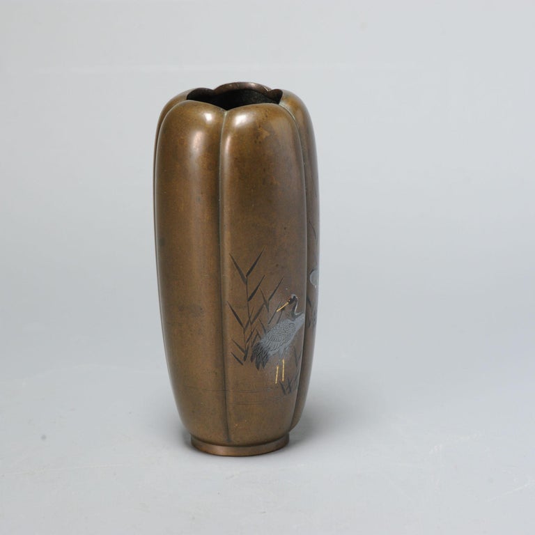 Inlaid Shibuichi Vase in Flower Shape Cranes, Meiji '1868-1912' Era ...