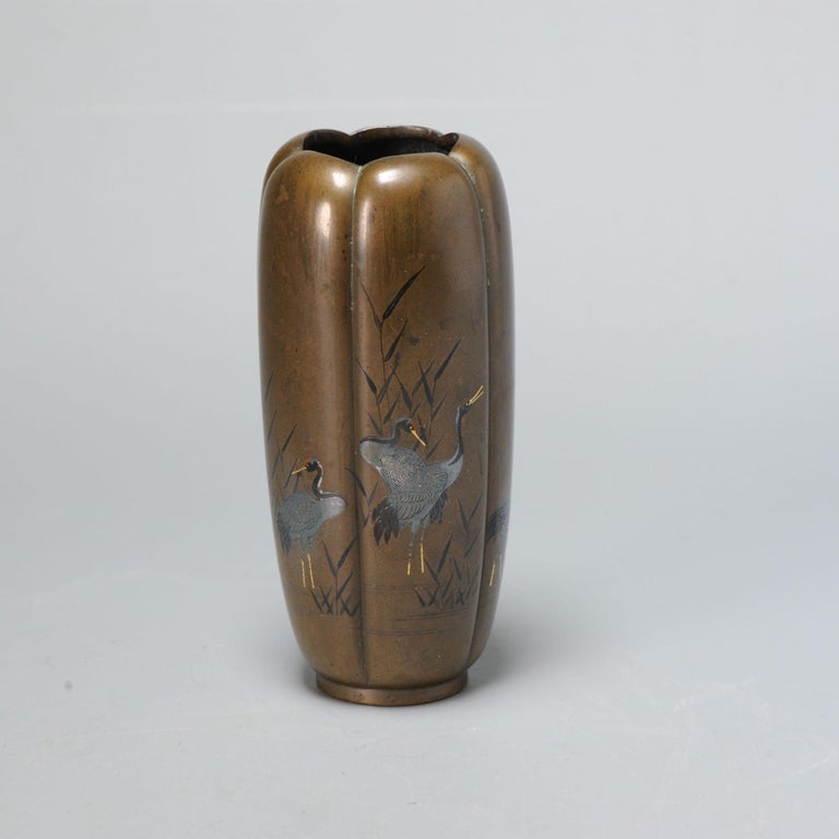 Inlaid Shibuichi Vase in Flower Shape Cranes, Meiji '1868-1912' Era ...