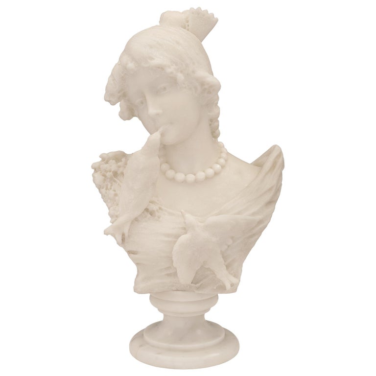 Italian 19th Century White Carrara Marble Bust of Young Girl with Birds ...