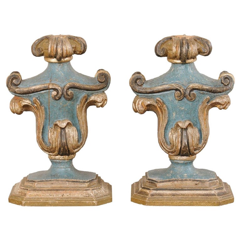 Italian Pair Decorative Table Top Urn-Shaped Carved and Painted Wood ...