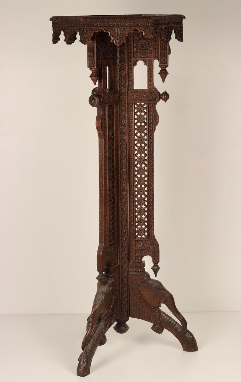 Boho Chic Style Hand Carved Anglo Indian Wooden Torchere with Elephant ...