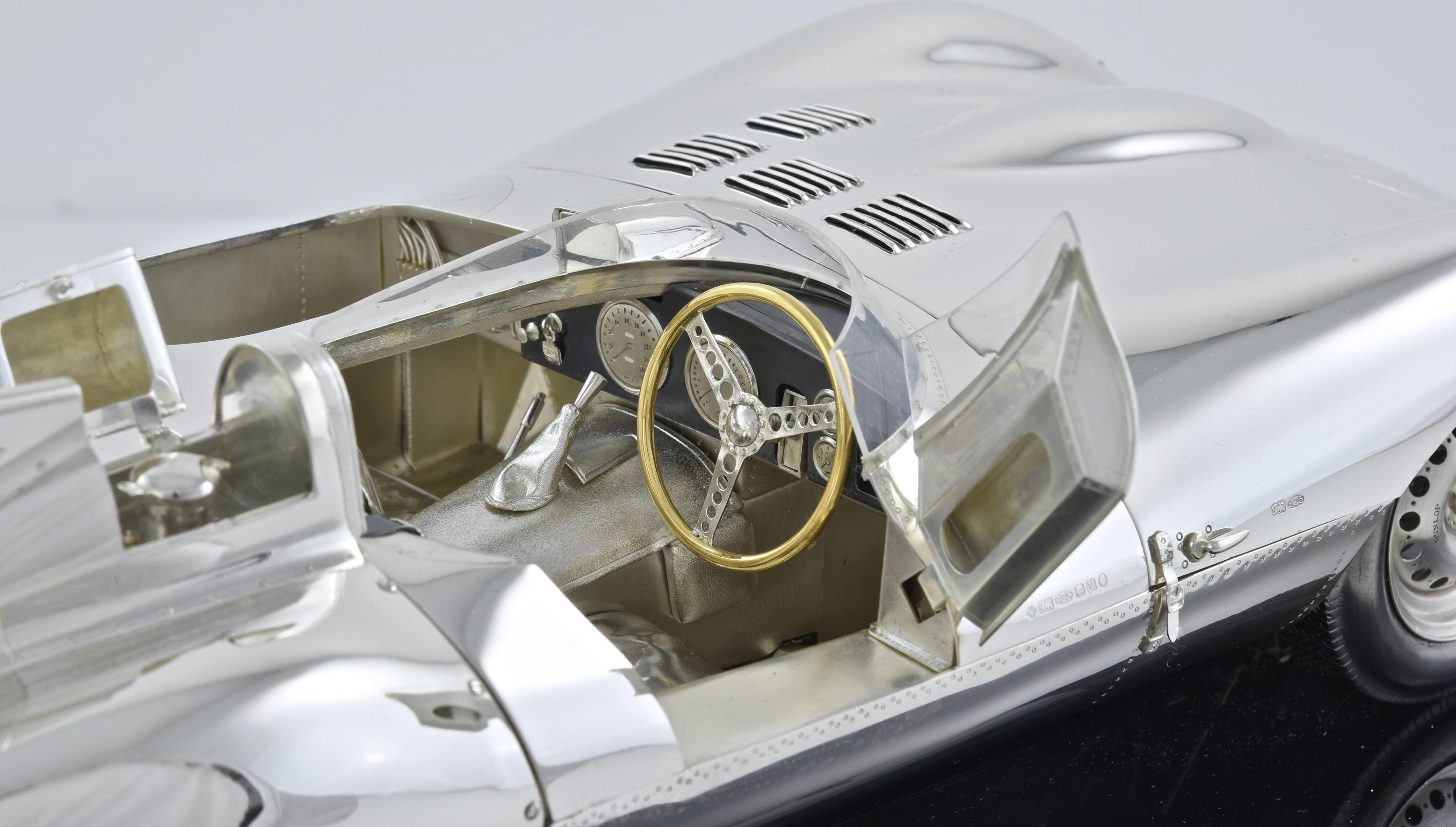 An outstanding quality sterling-silver model of The 1954 LeMans Jaguar ...