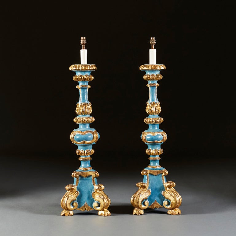 Overscale Pair of Painted Italian Candlestick Lamps For Sale at 1stDibs