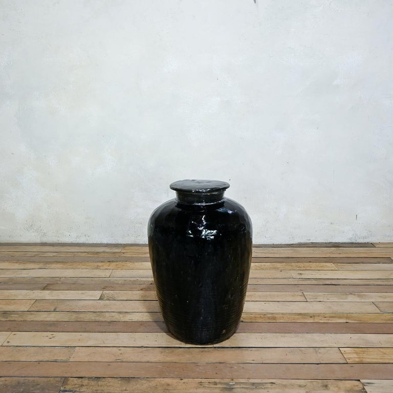 Oversized 19th Century Chinese Black Ceramic Rice Wine Jar, with Cover ...