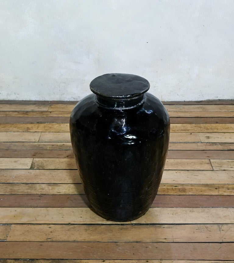 Oversized 19th Century Chinese Black Ceramic Rice Wine Jar, with Cover ...